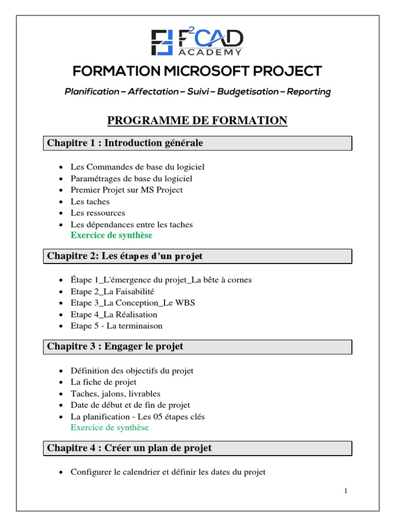 Formation Microsoft Project - Programme F2 Cad Academy | PDF | Gestion ...