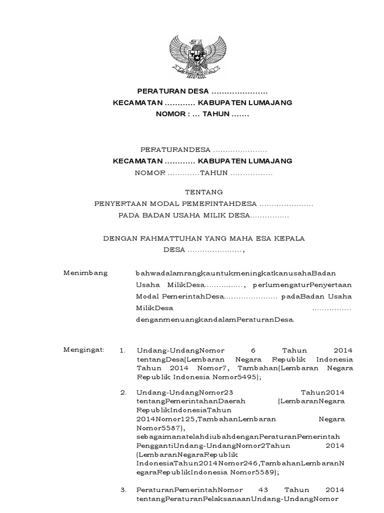 Contoh Perdes Penyertaan Modal BUMDes | PDF | Pengelolaan Keuangan & Uang