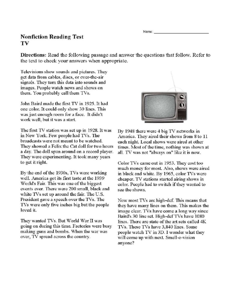 Reading Comprehension - TV (Text and Questions) | PDF