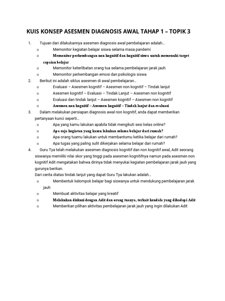 Kuis Konsep Asesmen Diagnosis Awal Tahap 1 - Topik 3 | PDF