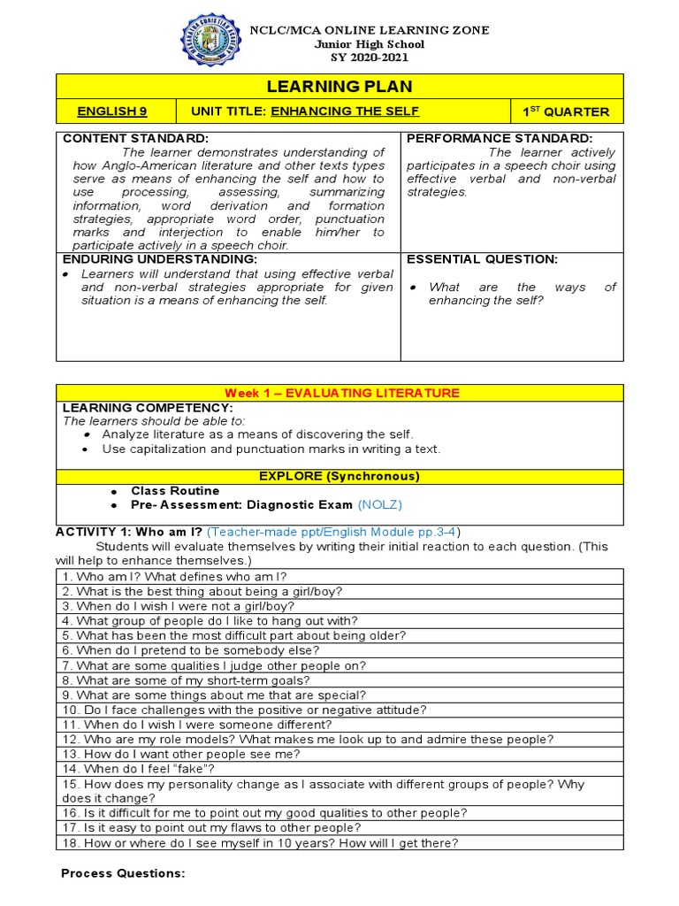 ENGLISH 9 - First Quarter Learning Plan (WEEK 1) | PDF | Beowulf | Learning