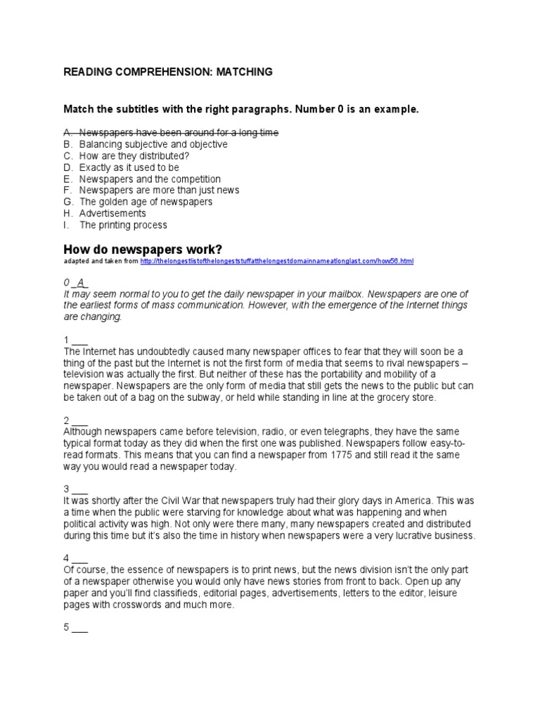 How Do Newspapers Work?: Reading Comprehension: Matching | PDF ...