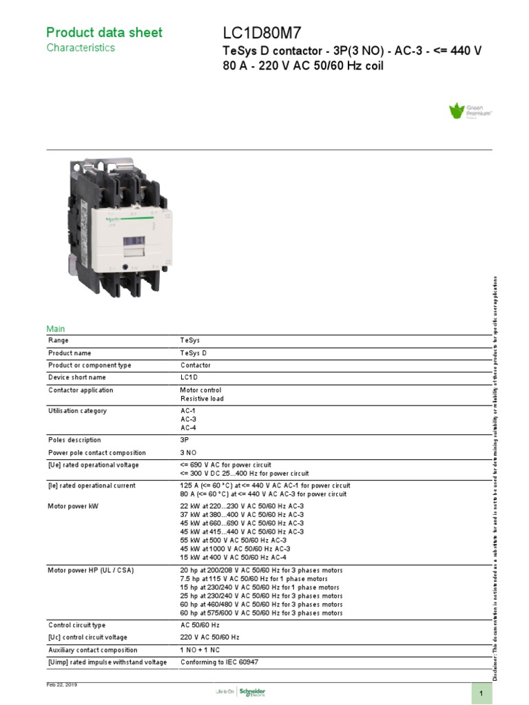 LC1D80M7: Product Data Sheet | PDF | Alternating Current | Electric Motor