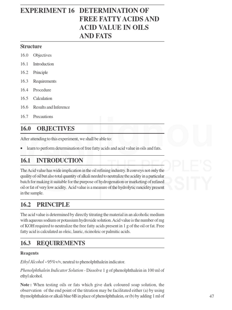 Experiment 16 Determination of Free Fatty Acids and Acid Value in Oils ...