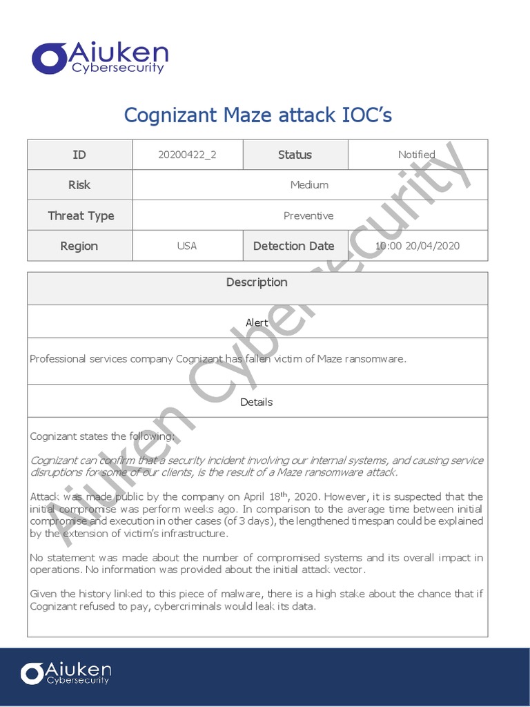 Cognizant Maze Attack IOC's | PDF | Ransomware | Security Technology