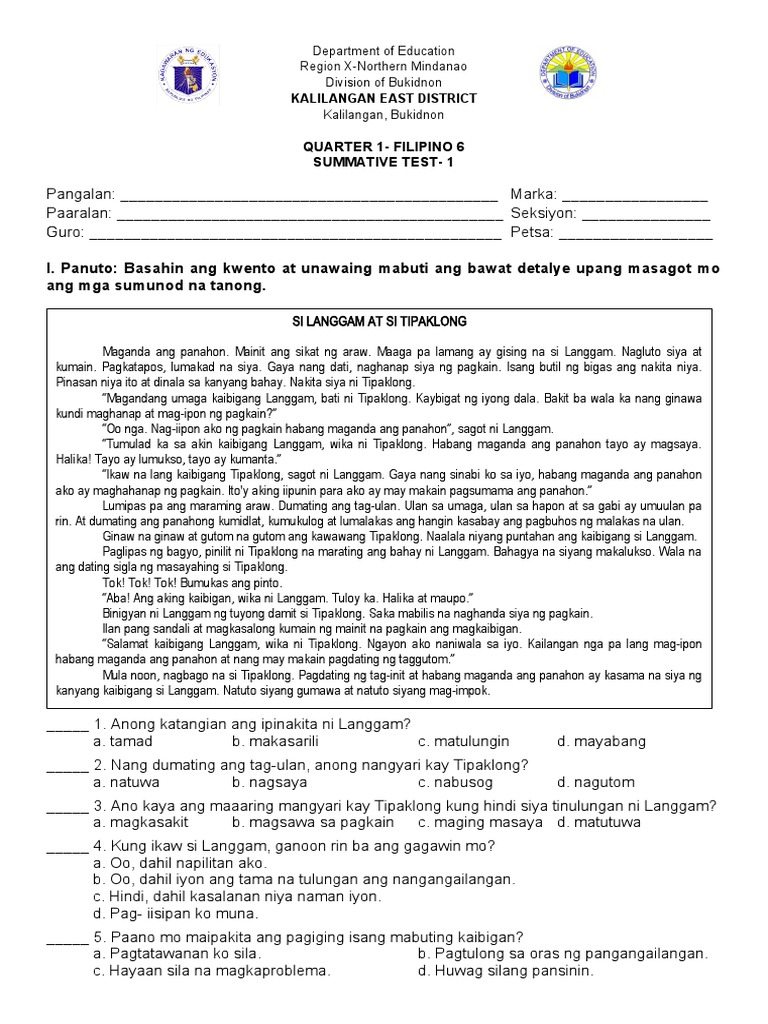 FILIPINO Summative Test 1 | PDF
