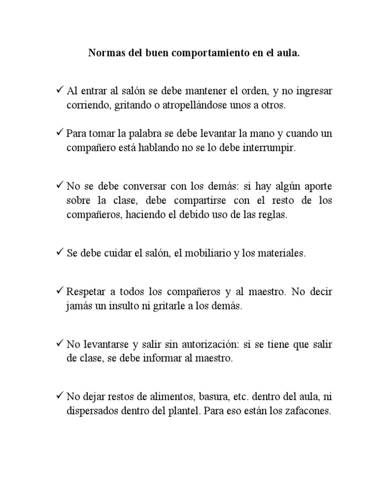 Normas Del Buen Comportamiento en El Aula | PDF