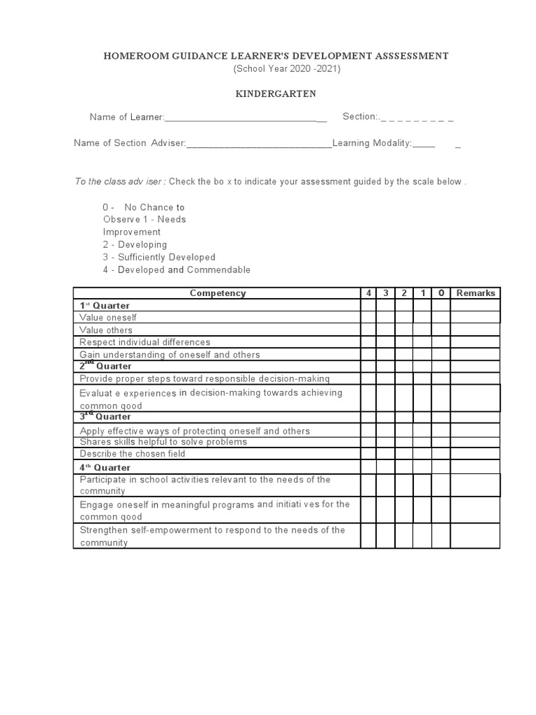 Homeroom Guidance Learner'S Development Asssessment | PDF | Educational ...