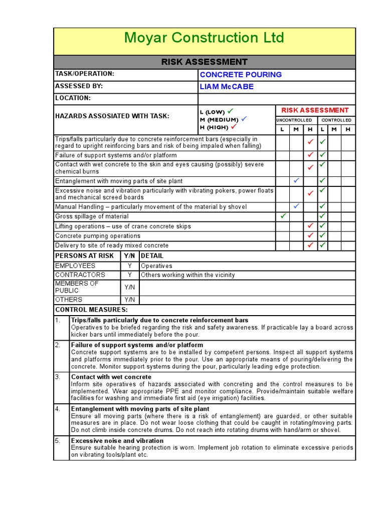 Concrete Pouring (Risk Assessment) | PDF | Personal Protective ...