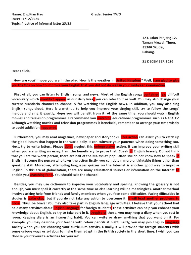 S2 Eng Kian Hao Practice of Informal Letter | PDF | English Language ...