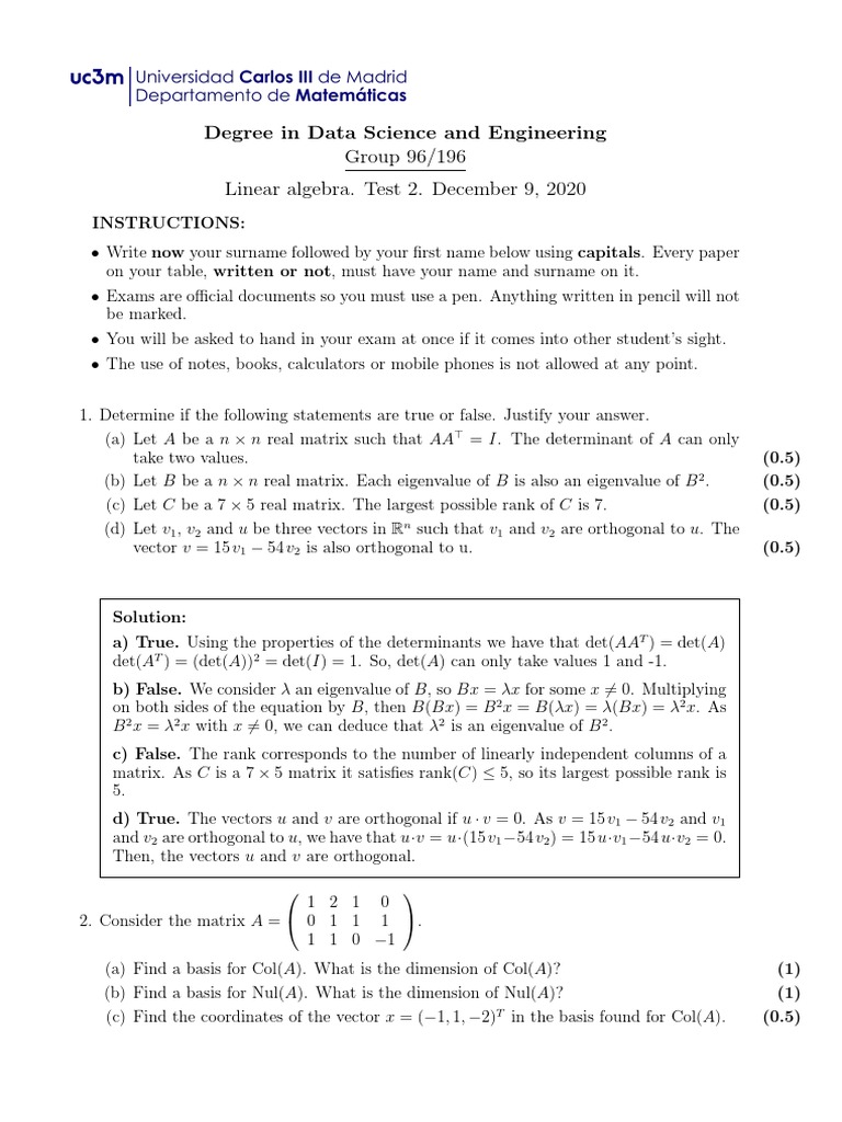 Degree in Data Science and Engineering Group 96/196 Linear Algebra ...
