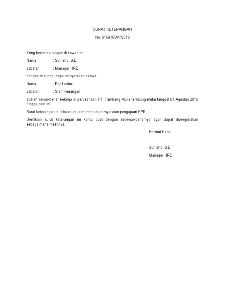 Contoh Surat Keterangan Kerja Untuk KPR | PDF