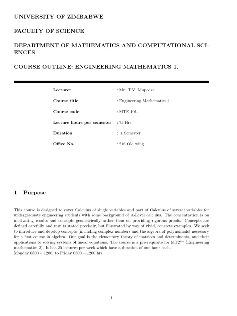MTE 101: Engineering Mathematics Outline | PDF | Integral | Matrix ...