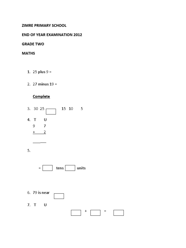 Zimre Primary School End of Year Examination 2012 Grade Two Maths | PDF