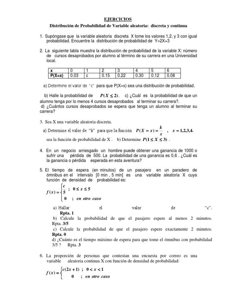 Ejercicios Variable Aleatoria Discreta-Continua | PDF | Variable aleatoria | Distribución de ...