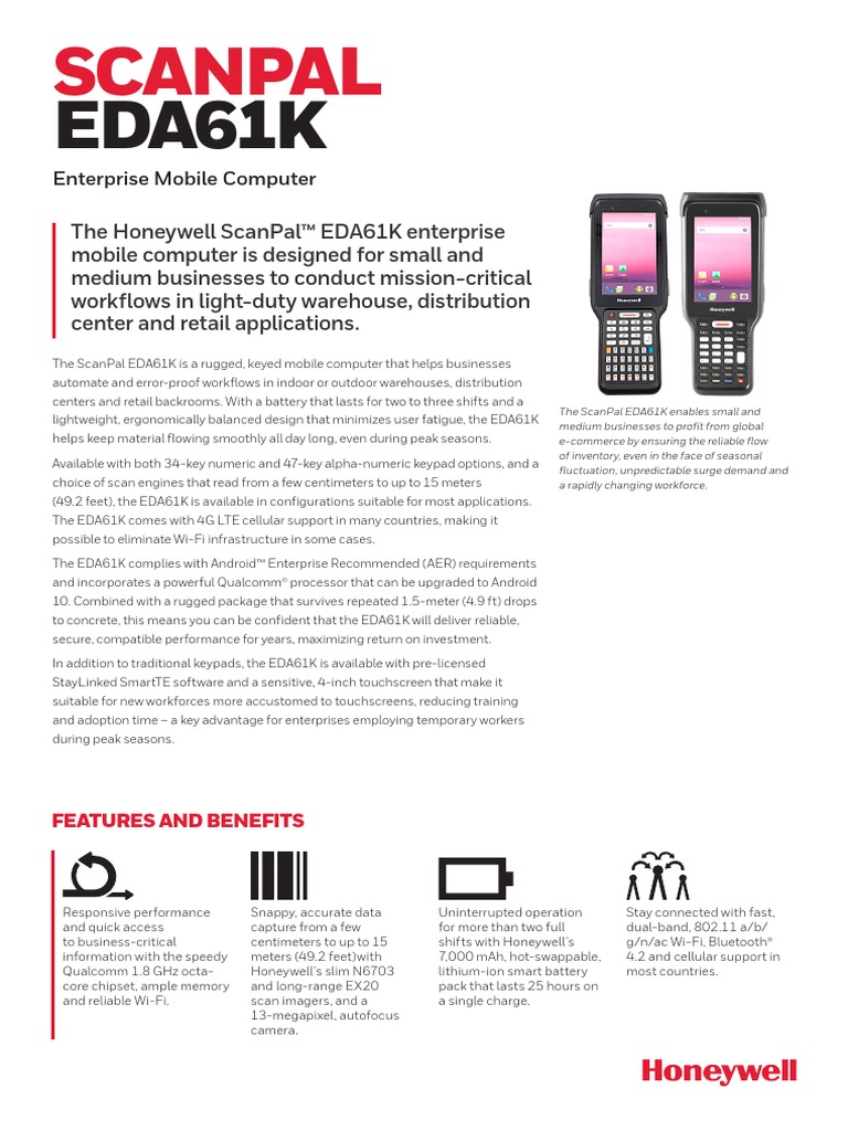Scanpal Eda61k Handheld Computer Data Sheet en A4 | PDF | Mobile ...