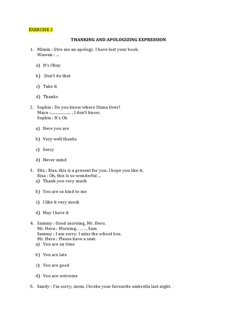 Exercise 2 - Thaking and Apologizing | PDF
