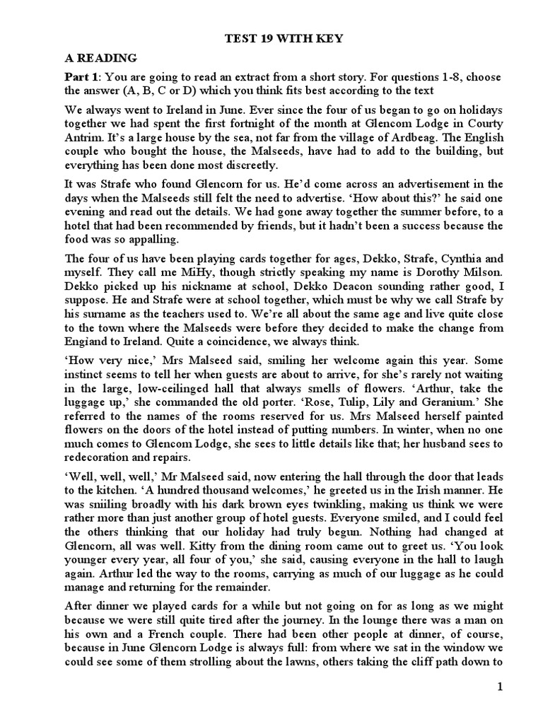 Test 19 With Key A Reading Part 1: You Are Going To Read An Extract ...
