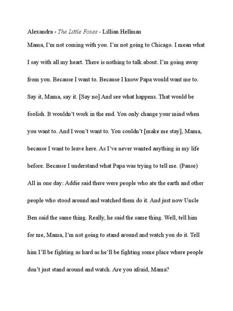 Alexandra Little Foxes Monologue | PDF