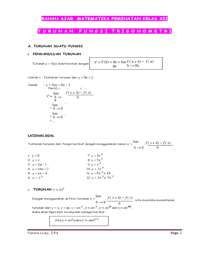 Bahan Ajar Turunan Fungsi | PDF