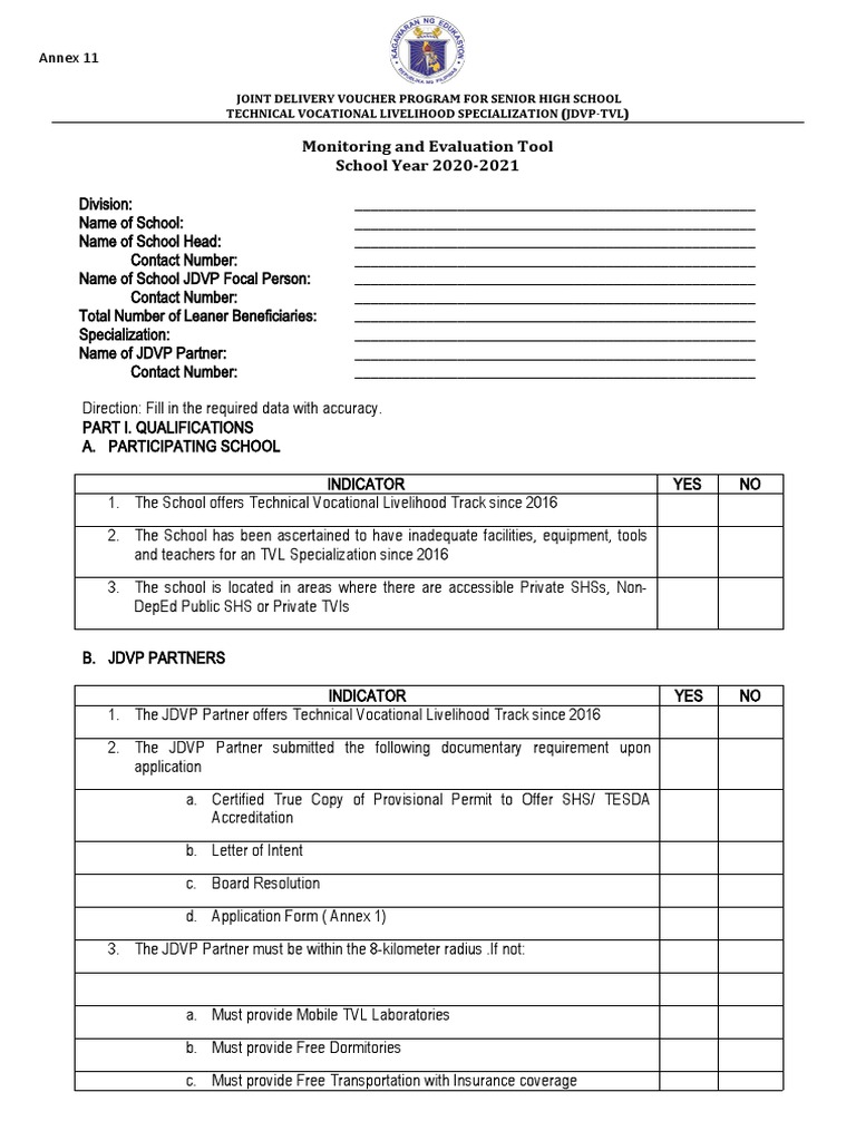 Annex 11 Monitoring and Evaluation Tool | PDF | Test/Examination | Business