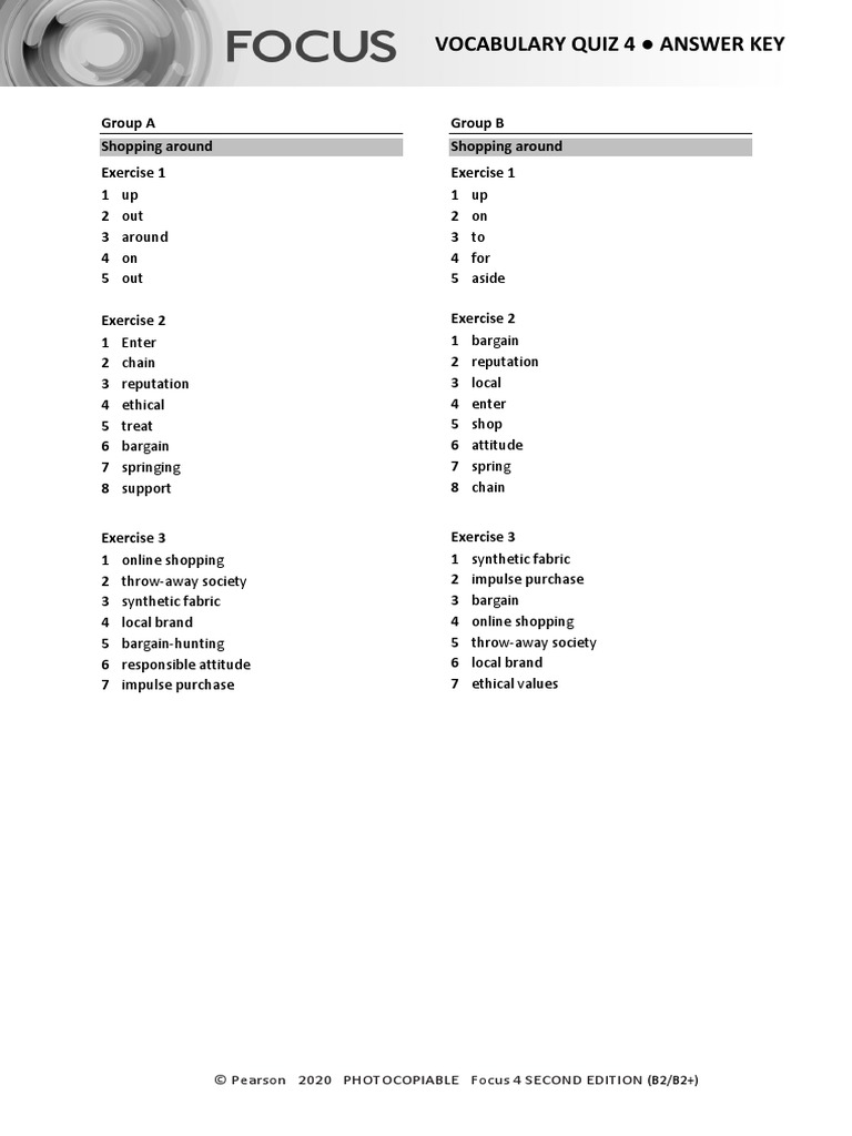 Focus4 2E Vocabulary Quiz Unit4 GroupA B ANSWERS | PDF