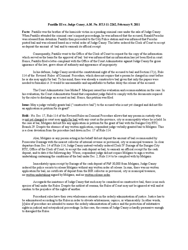 Rule 114. Pantillo III v. Canoy (Digested) | PDF | Bail | Criminal Procedure In South Africa