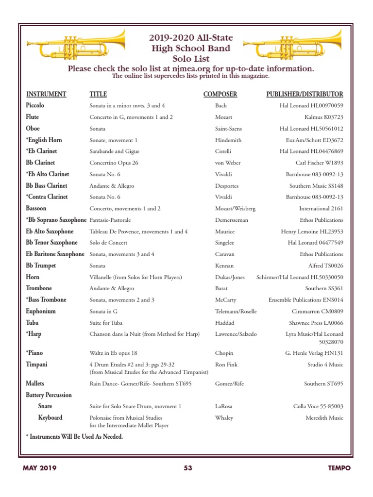 2019-2020 All-State High School Band Solo List: The Online List ...