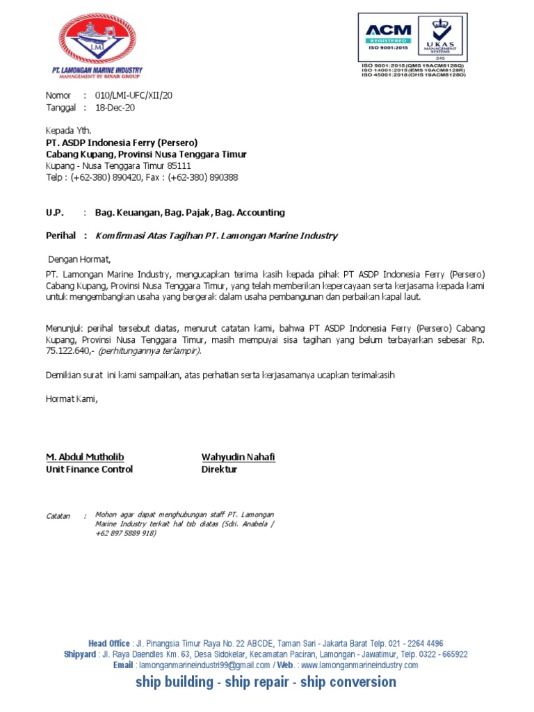 Surat Reminder Piutang-ASDP | PDF