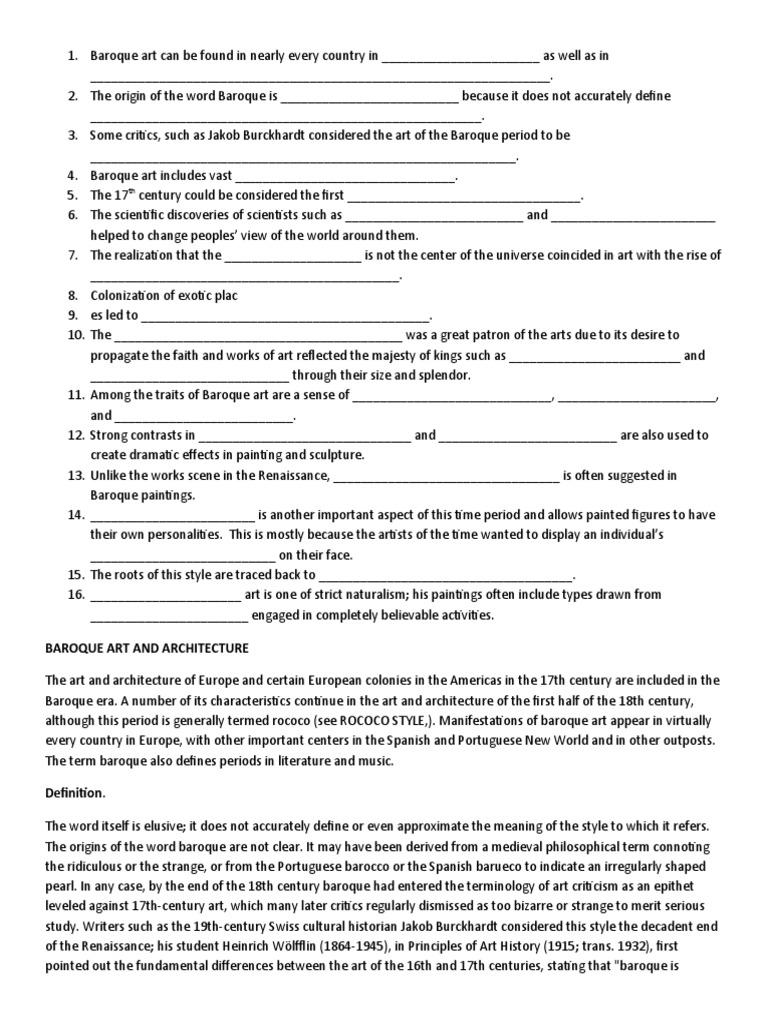 Baroque Art and Architecture Worksheet | PDF | Baroque | Realism (Arts)