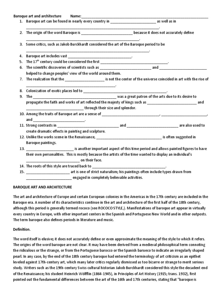 Baroque Art and Architecture Worksheet | PDF | Baroque | Realism (Arts)