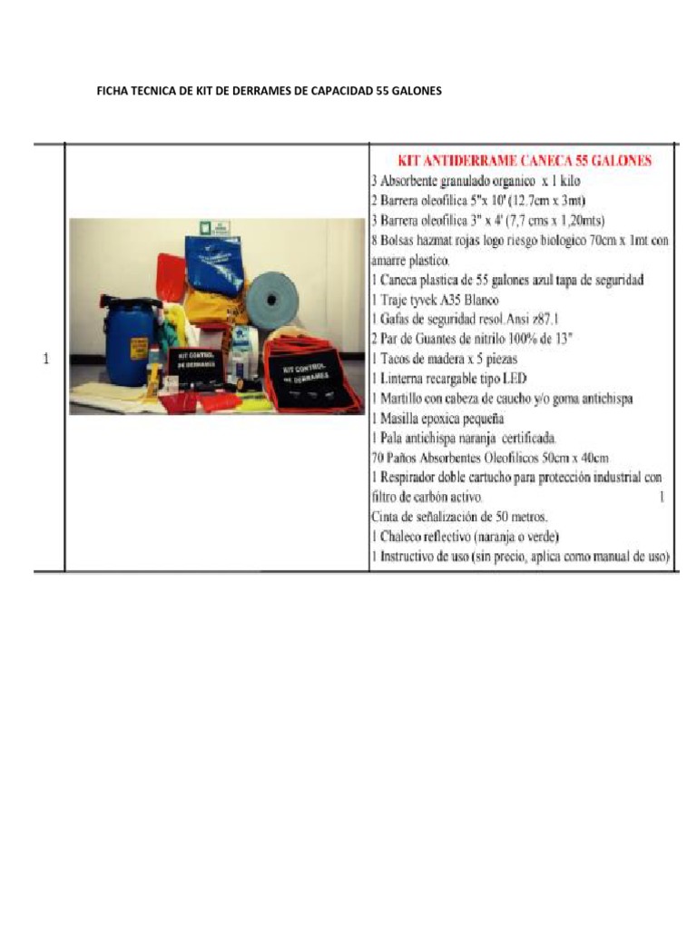 Ficha Tecnica de Kit de Derrames de Capacidad 55 Galones | PDF
