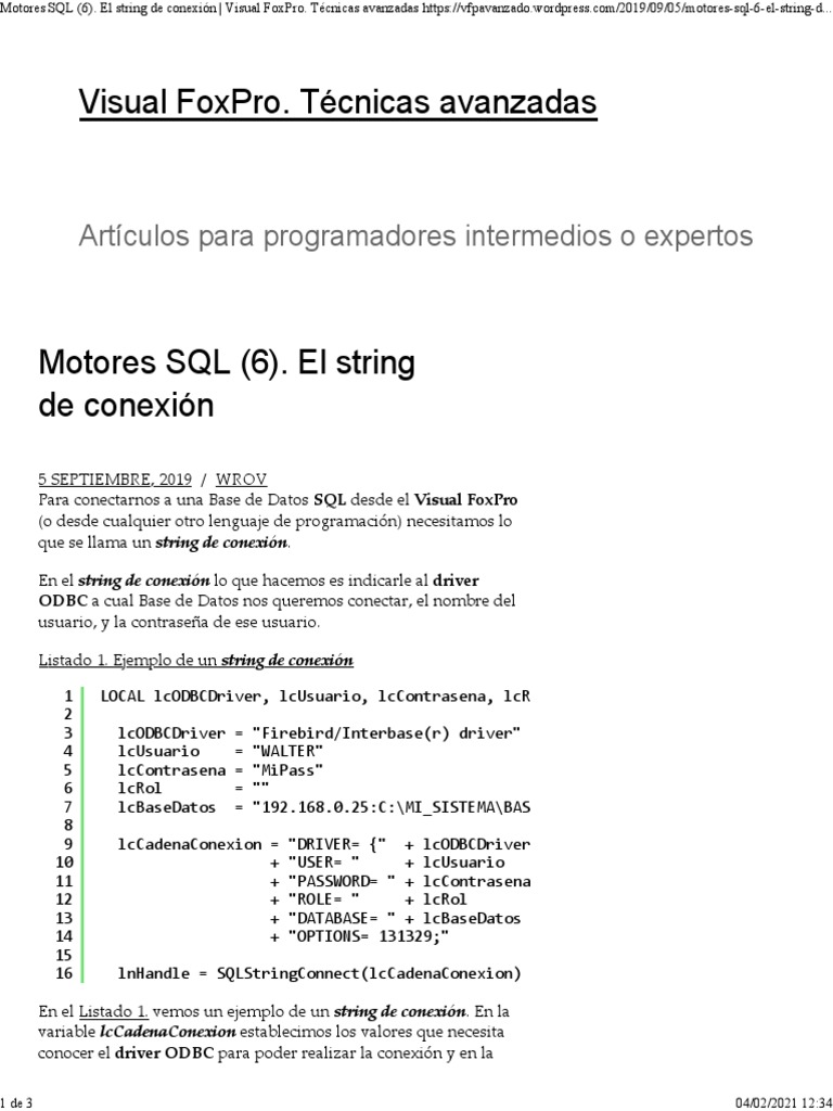 Motores SQL (6) - El String de Conexión Visual FoxPro. Técnicas Avanzadas | PDF | SQL ...