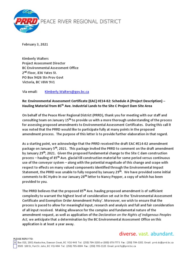 PRRD Letter To BC EAO Re: Site C Truck Hauling Application | PDF ...