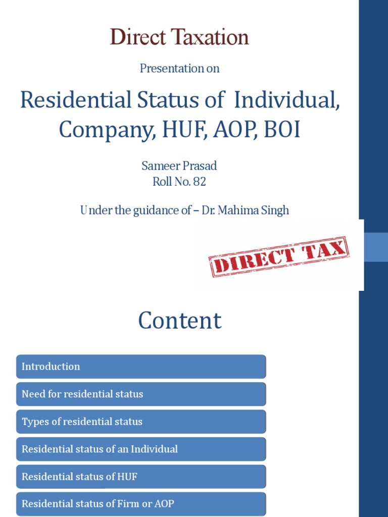 Direct Taxation: Residential Status of Individual, Company, HUF, AOP, BOI | PDF | Direct Tax ...
