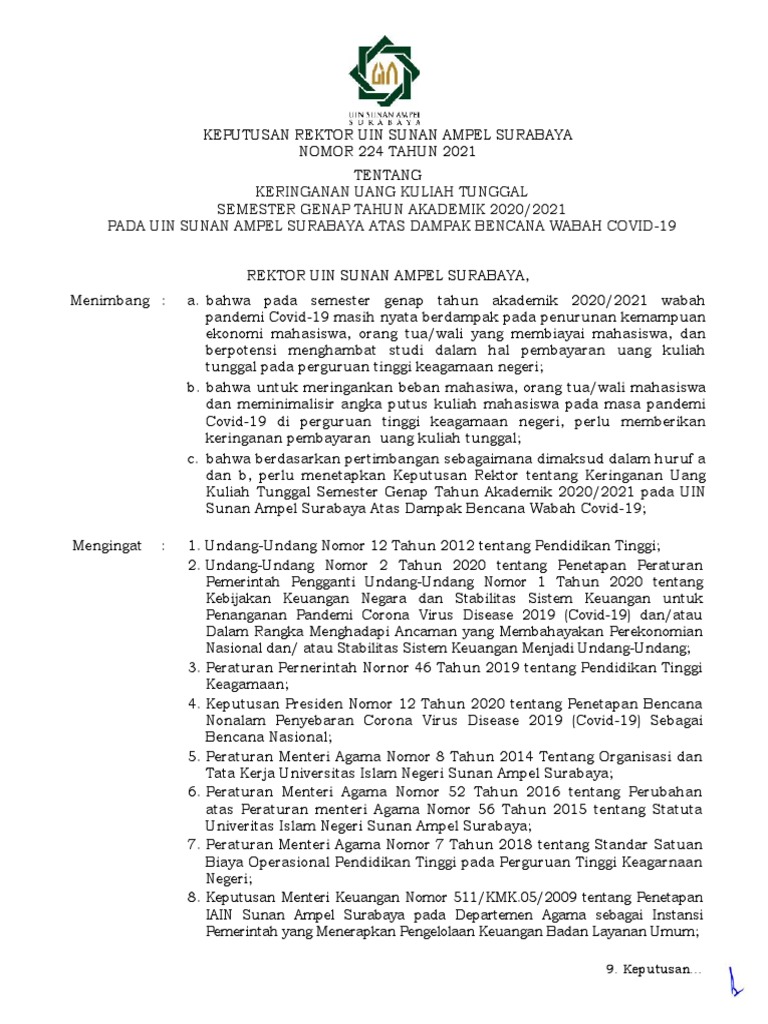 SK Rektor Keringanan UKT UINSA SMT GNP 2020-2021 | PDF