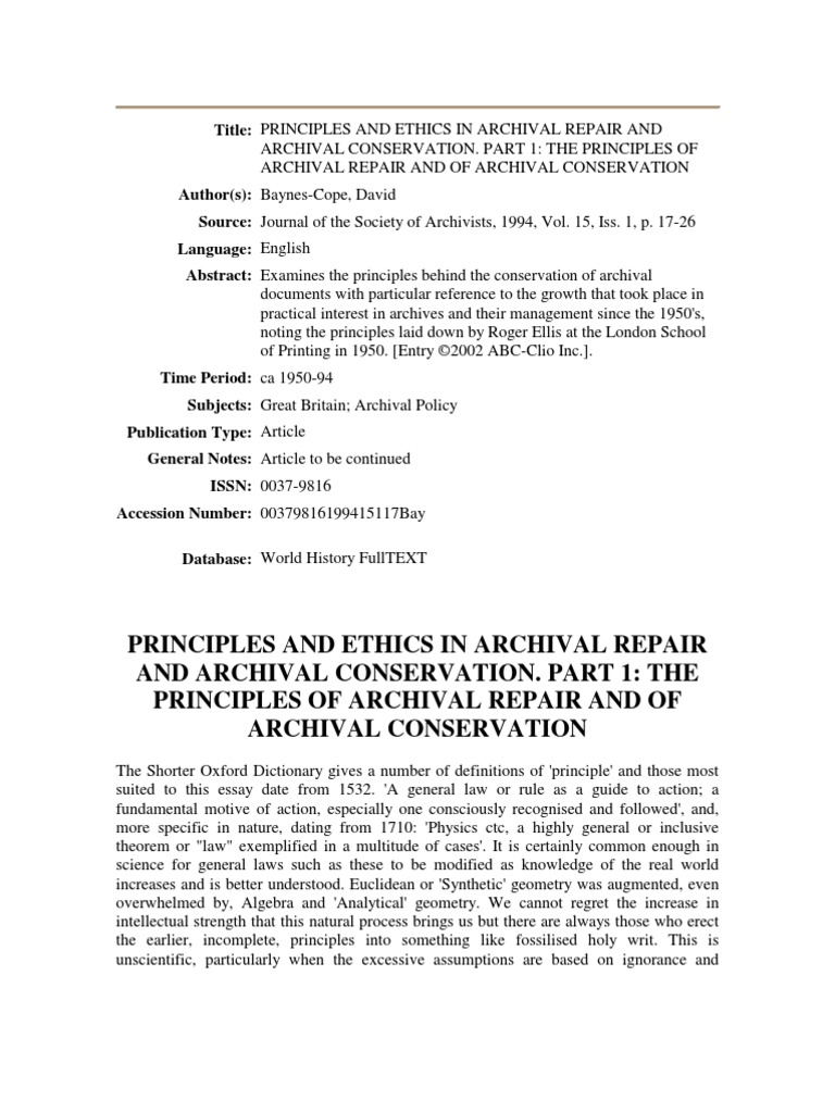 Principles and Ethics in Archival Repair and Archival Conservation ...