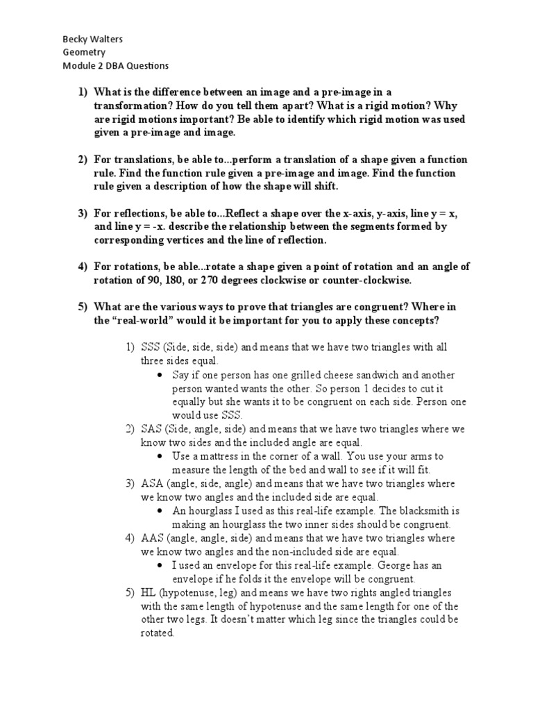 Becky Walters Geometry Module 2 DBA Questions | PDF | Shape | Triangle