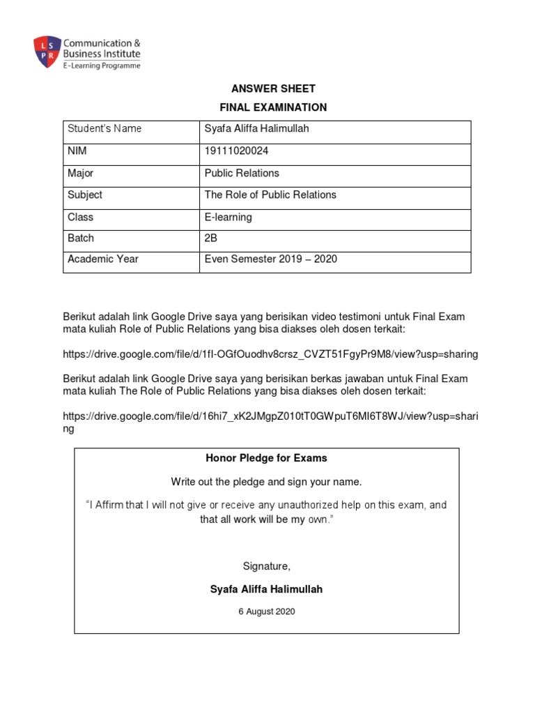 Answer Sheet Final Examination: 6 August 2020 | PDF