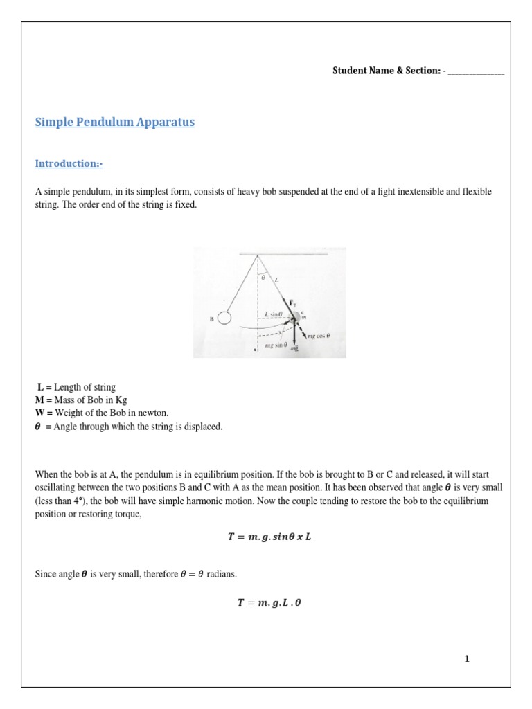 Student Manual of Simple Pendulum Apparatus | Download Free PDF ...