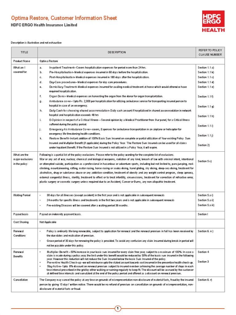 Optima Restore, Customer Information Sheet: HDFC ERGO Health Insurance ...