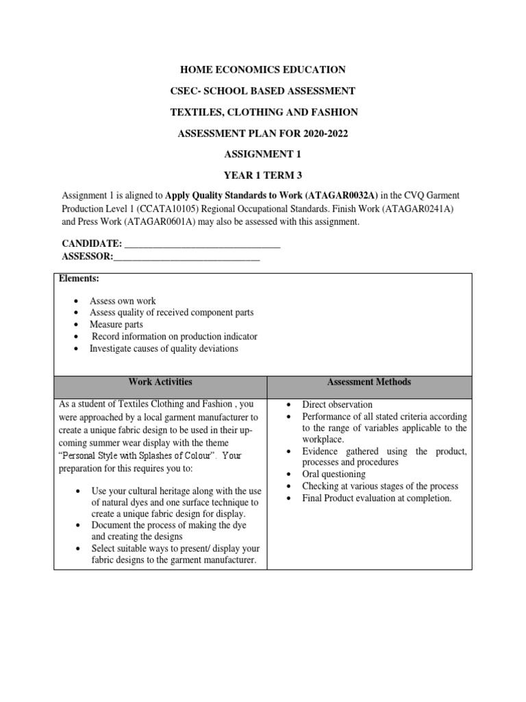 Clothing S.B.A. #1 2021 | PDF | Educational Assessment | Specification ...