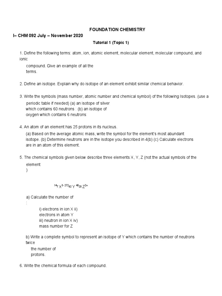 Foundation Chemistry Tutorial Questions | PDF | Chemical Elements | Isotope