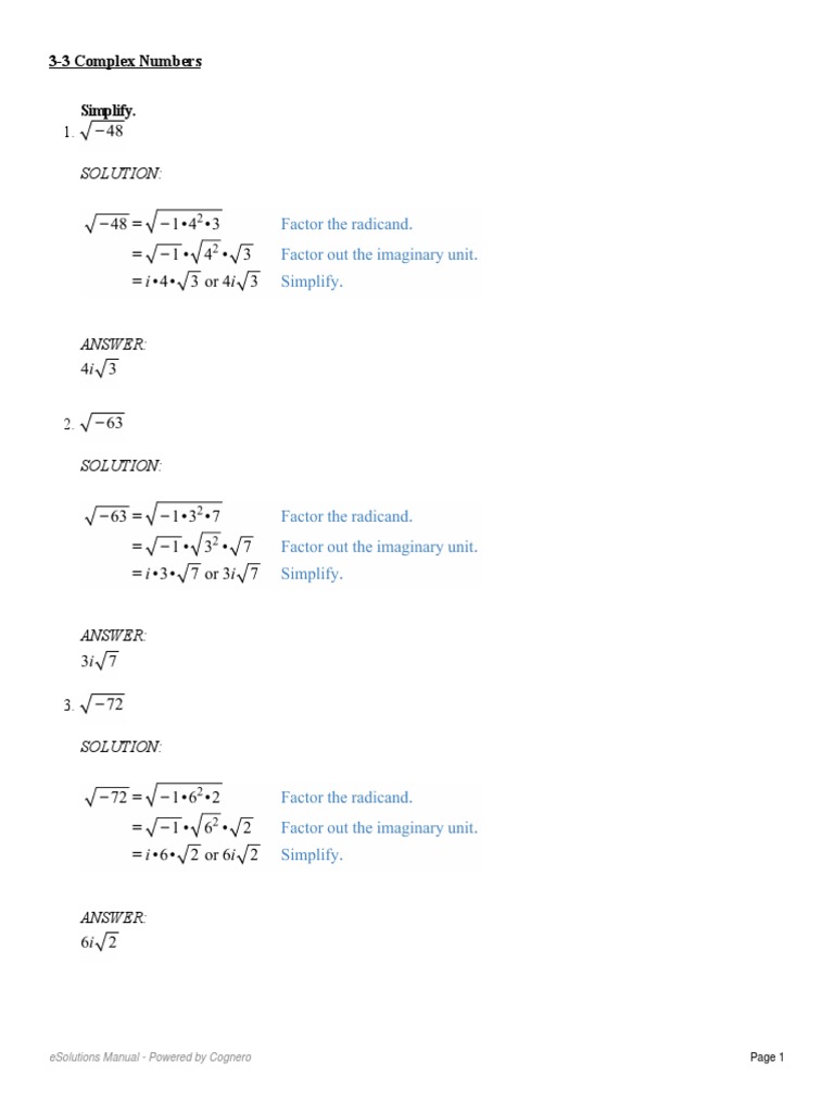 Solution:: 3-3 Complex Numbers | PDF