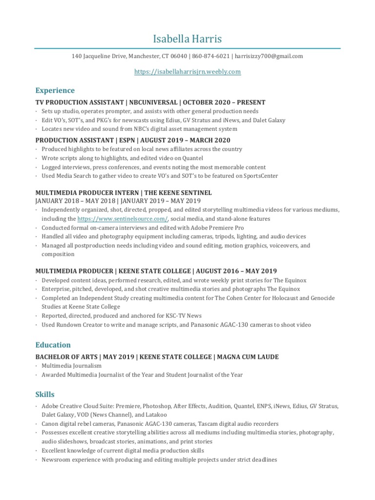 Isabella Harris Resume 2021 | PDF | Multimedia | Video