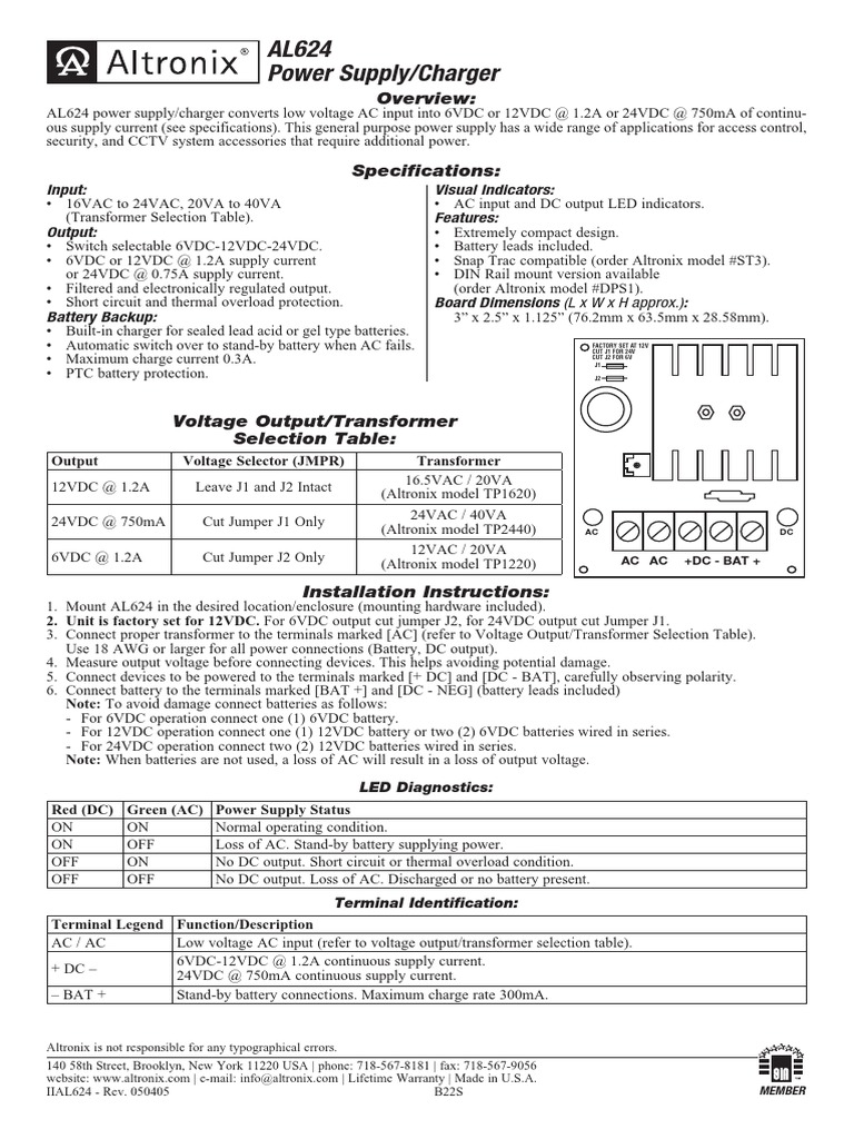 AL624 Power Supply/Charger: Overview | PDF | Power Supply | Direct Current