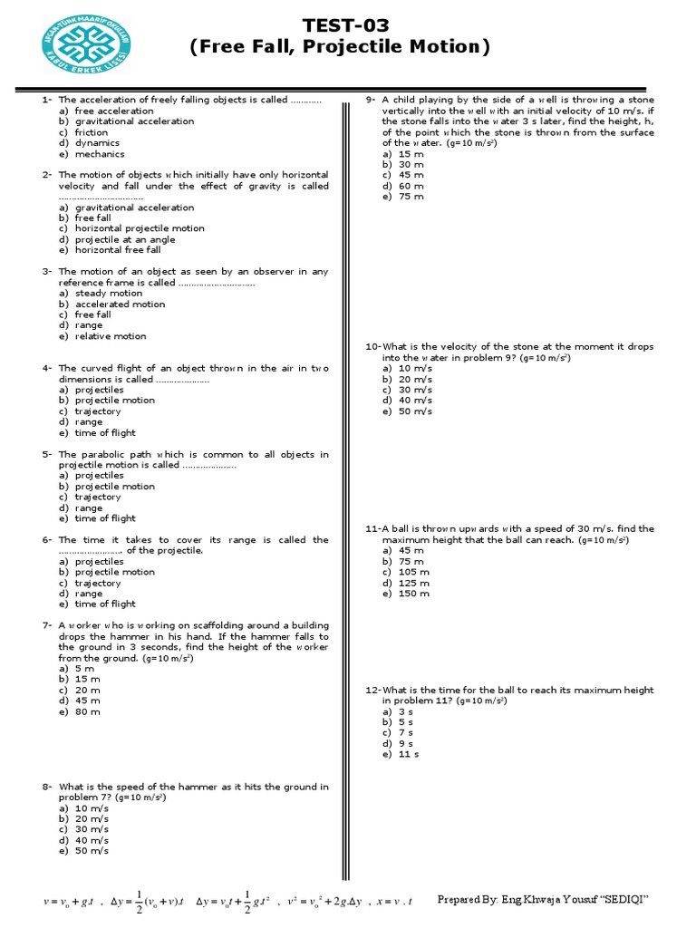 TEST-03 (Free Fall, Projectile Motion) | PDF | Acceleration | Projectiles