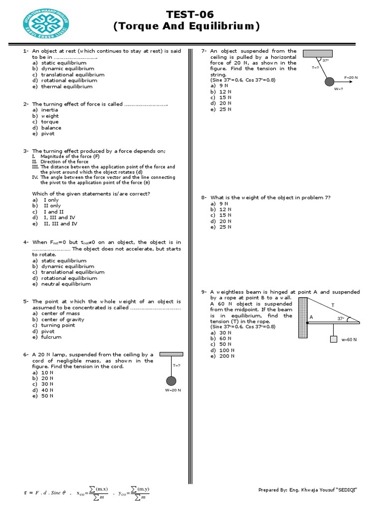 Torque and Equilibrium Test Guide | PDF | Torque | Force