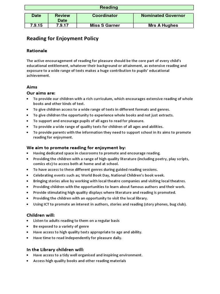 Reading For Enjoyment Policy: Rationale | PDF | Libraries | Books