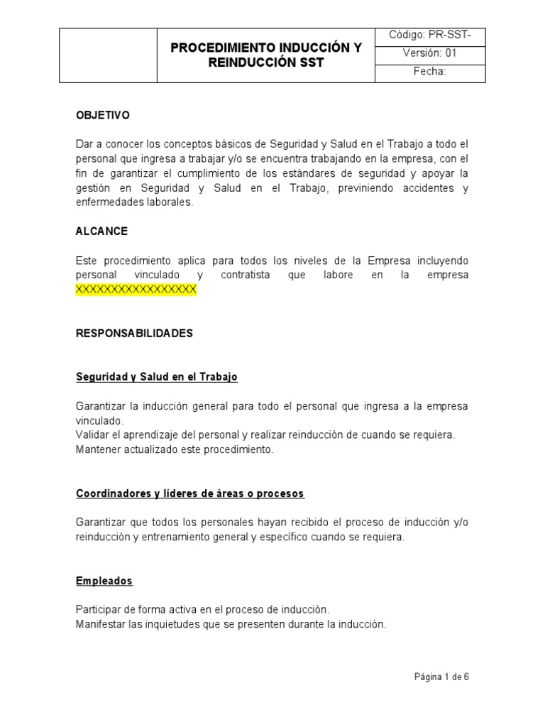 PR-SST-XX Procedimiento Inducción-Reinducción | PDF | Riesgo | Probabilidad